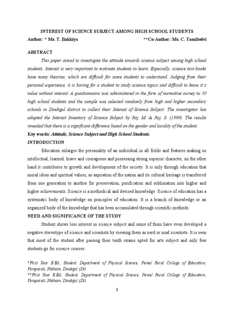Science Interest Among Dindigul Students | PDF | Science | Sampling ...