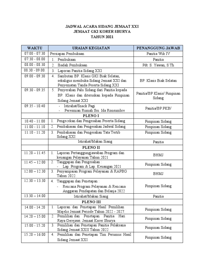 Jadwal Acara Sidang Jemaat Xxi | PDF