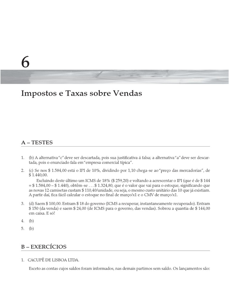 Impostos e Taxas Sobre Vendas - Gabarito Exercícios Cap. 6 | PDF | Economia política | Pagamentos