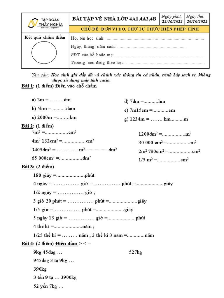 12.1 BT4AB (22.10.2022) Don VI Do, Thu Tu Thuc Hien Phep Tinh | PDF