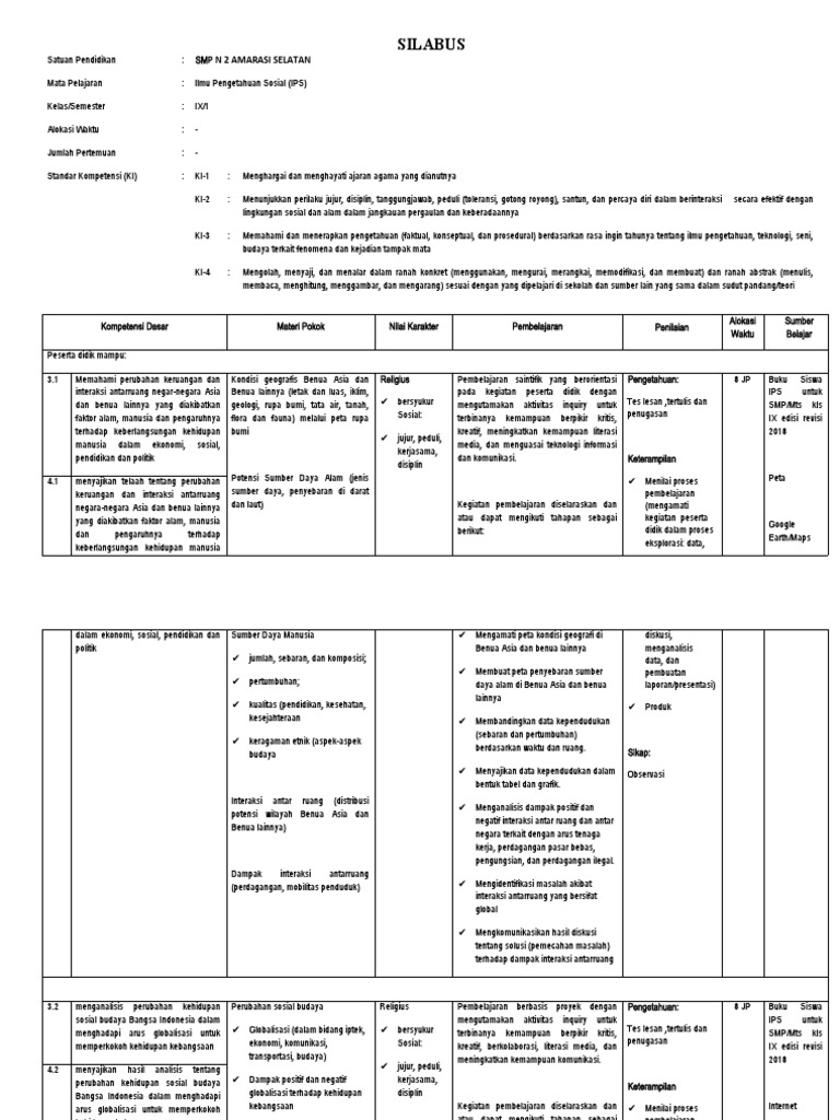 Silabus IPS Kelas 9 Kurikulum 2013 | PDF