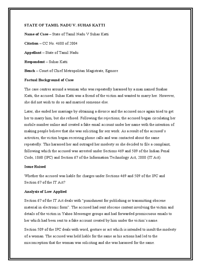 Drafting Summary - State of TN V Suhas Katti | Download Free PDF | Criminal Law | Crimes