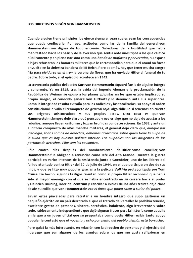 Los Directivos Segun Von HAMMERSTEIN | PDF | Adolf Hitler | Business
