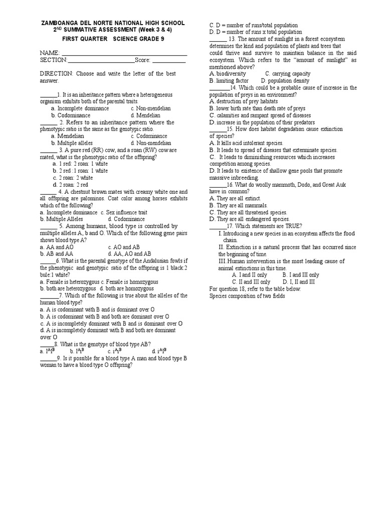 Grade 9 Science Assessment Overview | PDF | Dominance (Genetics) | Zygosity