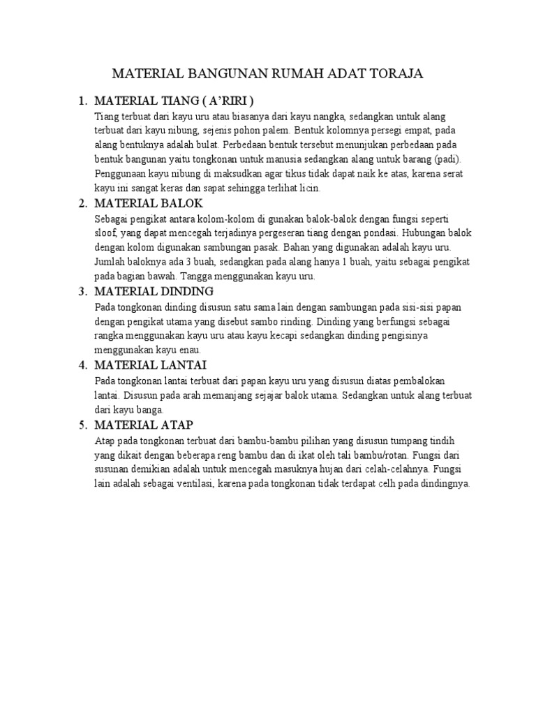 Bahan Bangunan Rumah Adat Tongkonan | PDF | Sains & Matematika