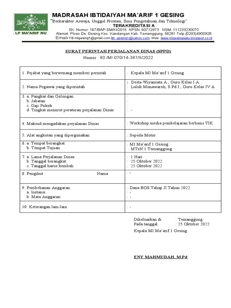 Surat Perintah Perjalanan Dinas (SPPD) 1 | PDF