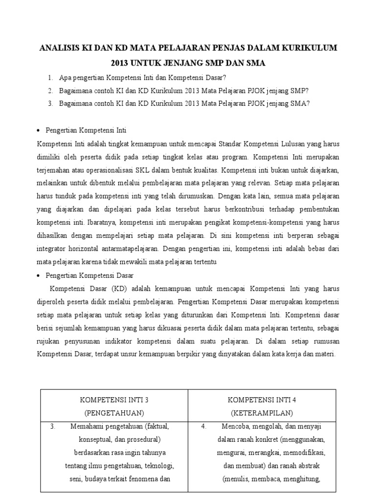 Analisis KI Dan KD Mata Pelajaran Penjas Dalam Kurikulum 2013 Untuk Jenjang SMP Dan SMA | PDF