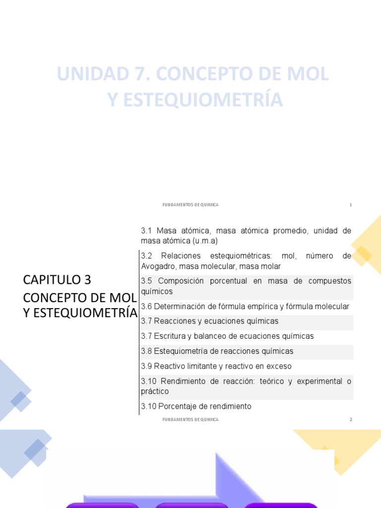 Unidad 7 Concepto de Mol y Estequiometria | PDF | Estequiometría | Mole (Unidad)