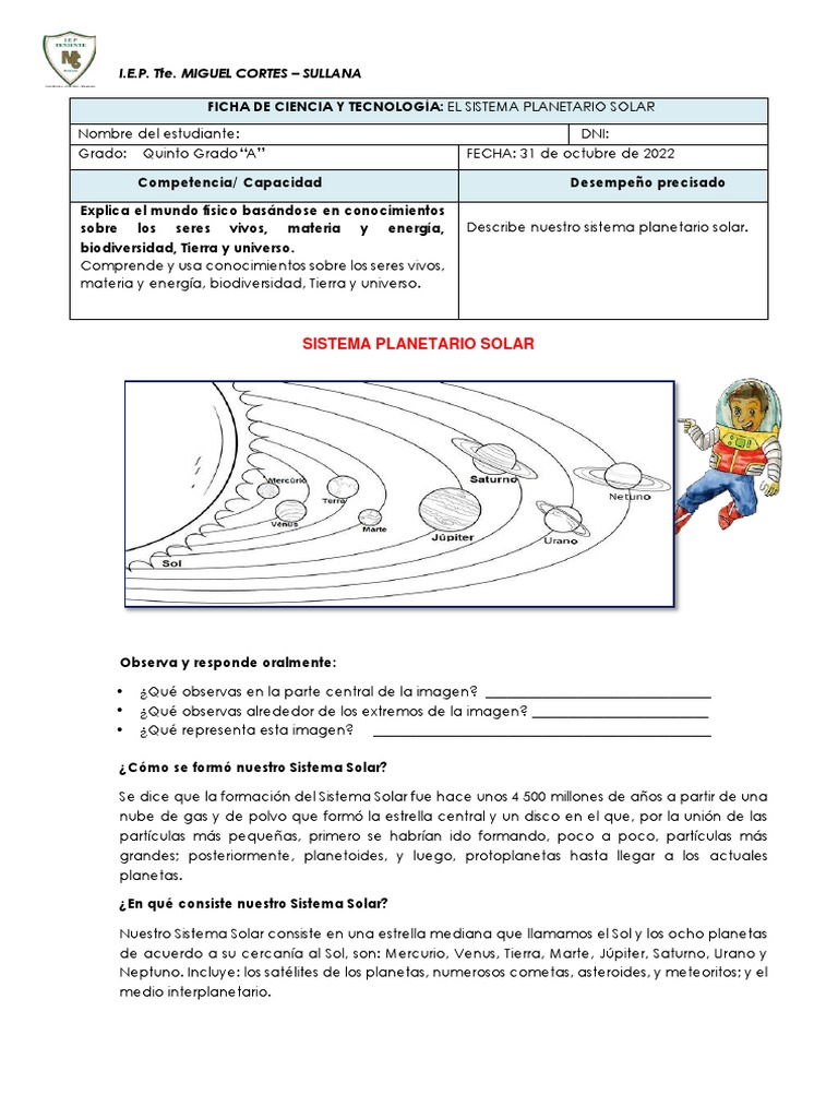 Ficha SISTEMA PLANETARIO SOLAR | PDF | Sistema solar | Planetas