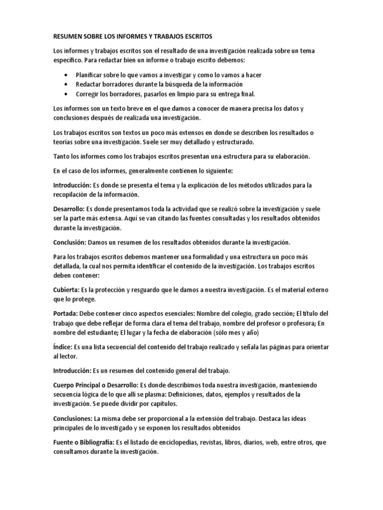 Resumen Sobre Los Informes y Trabajos Escritos | PDF | Science