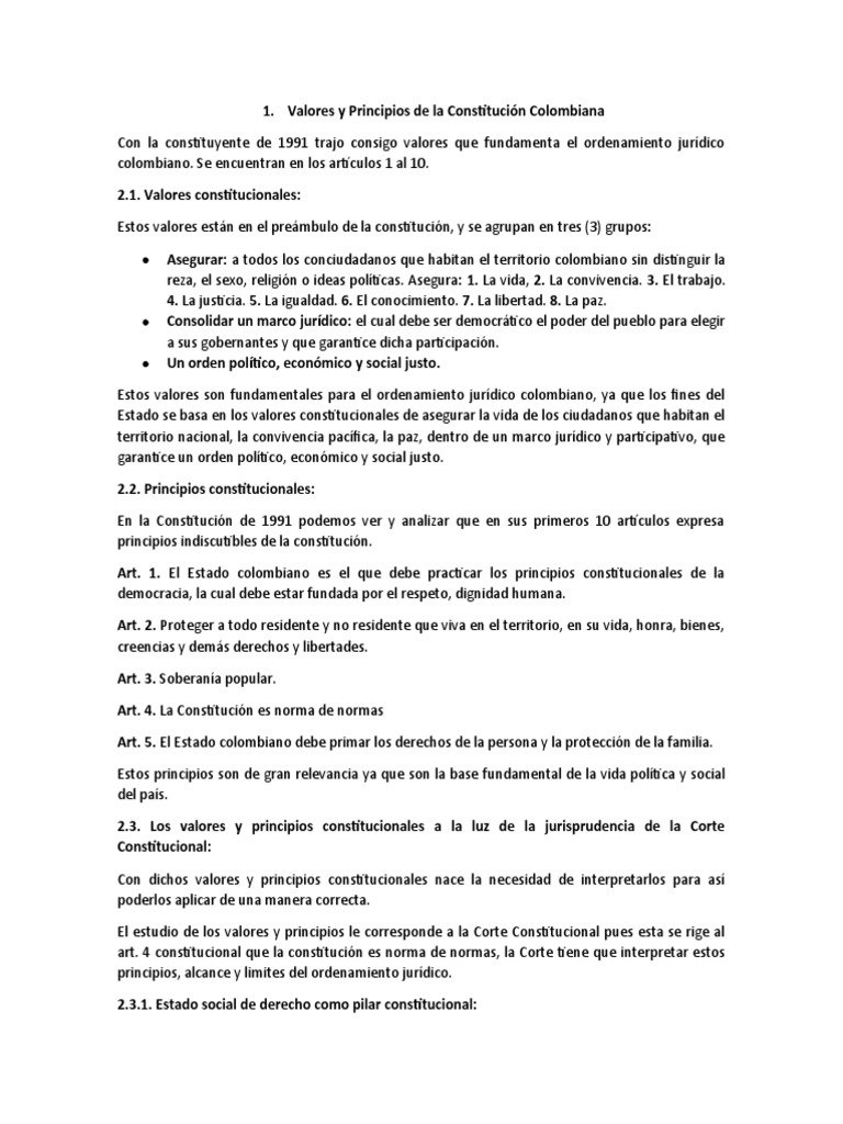 Valores y Principios de La Constitución Colombiana | PDF | Constitución ...