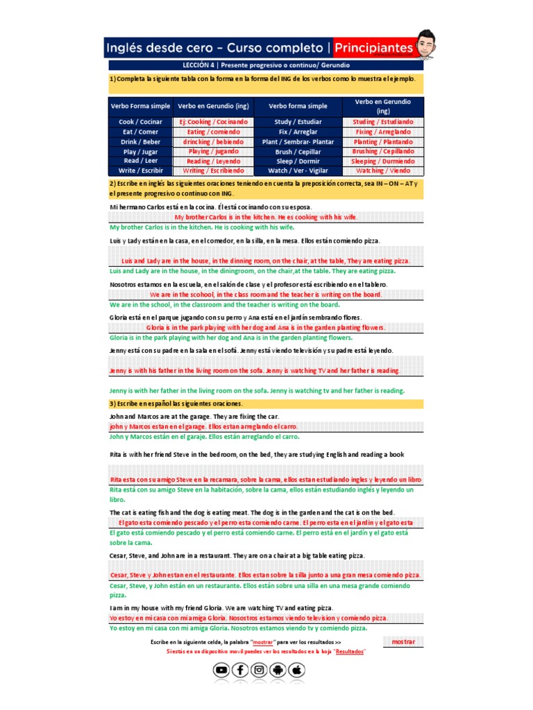 Leccion 4 Presente Progresivo o Continuo - Gerundio | PDF | Mecánica ...