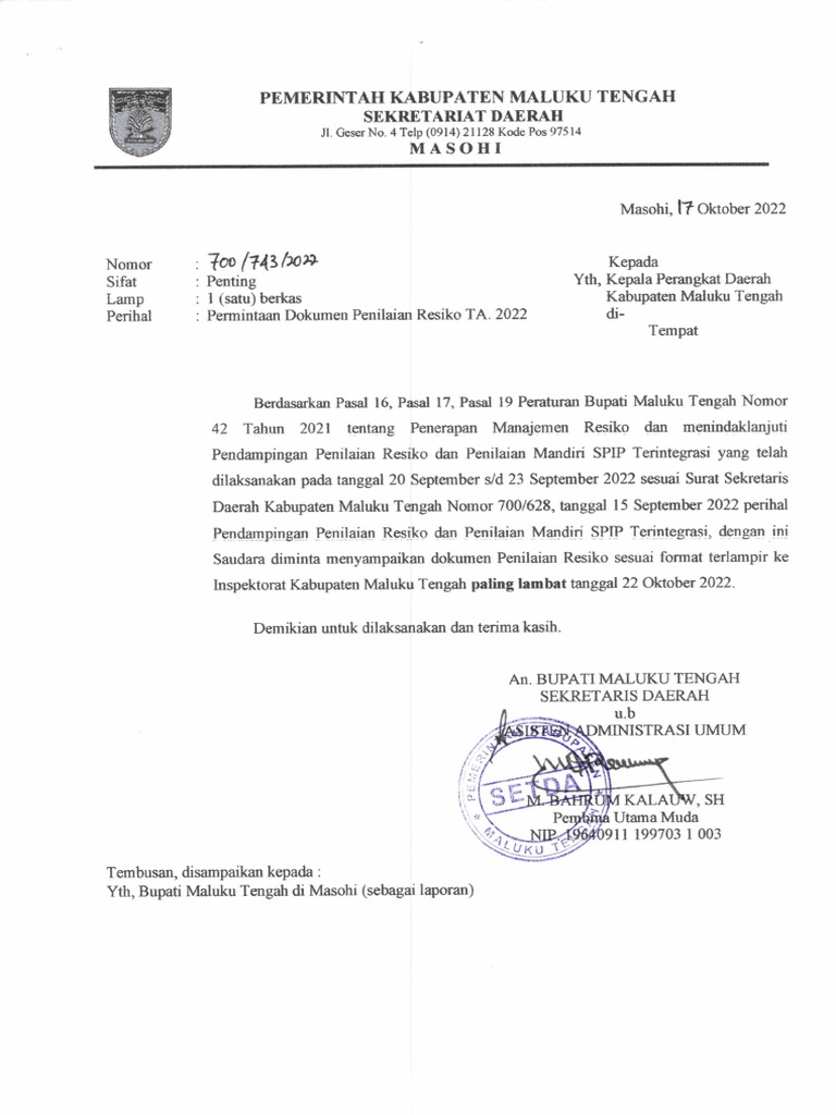 Surat SPIP Dan Manajemen Resiko Minta Data | PDF