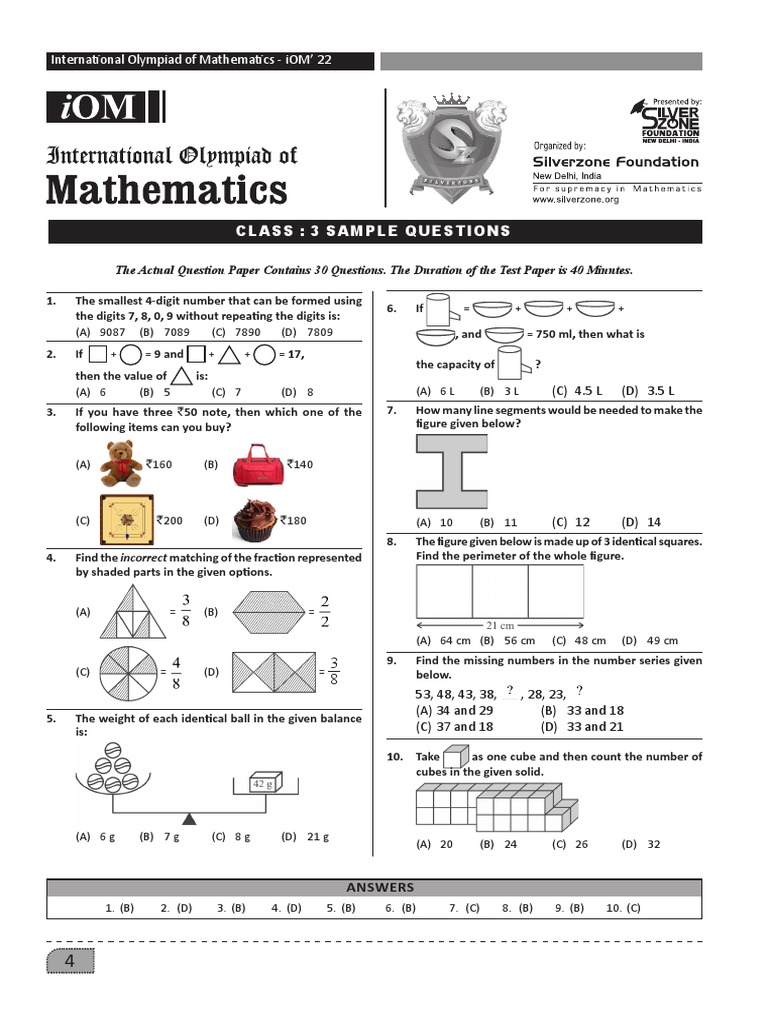 Class 3 iOM Maths Olympiad Sample Papers | PDF | Numbers | Mathematics