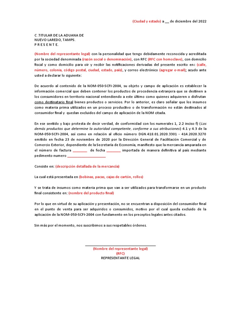 Carta para Insumos NOM-050 Consumidor Final | PDF | Economias