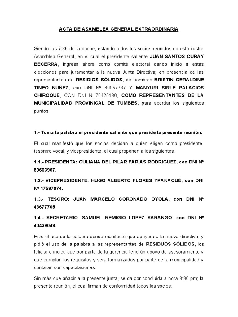 Acta de Asamblea General Extraordinaria | PDF