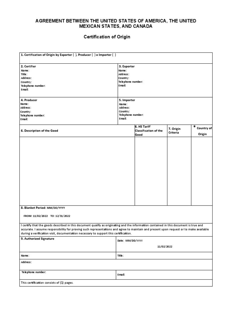 USMCA Certificate of Origin Template | PDF | Business