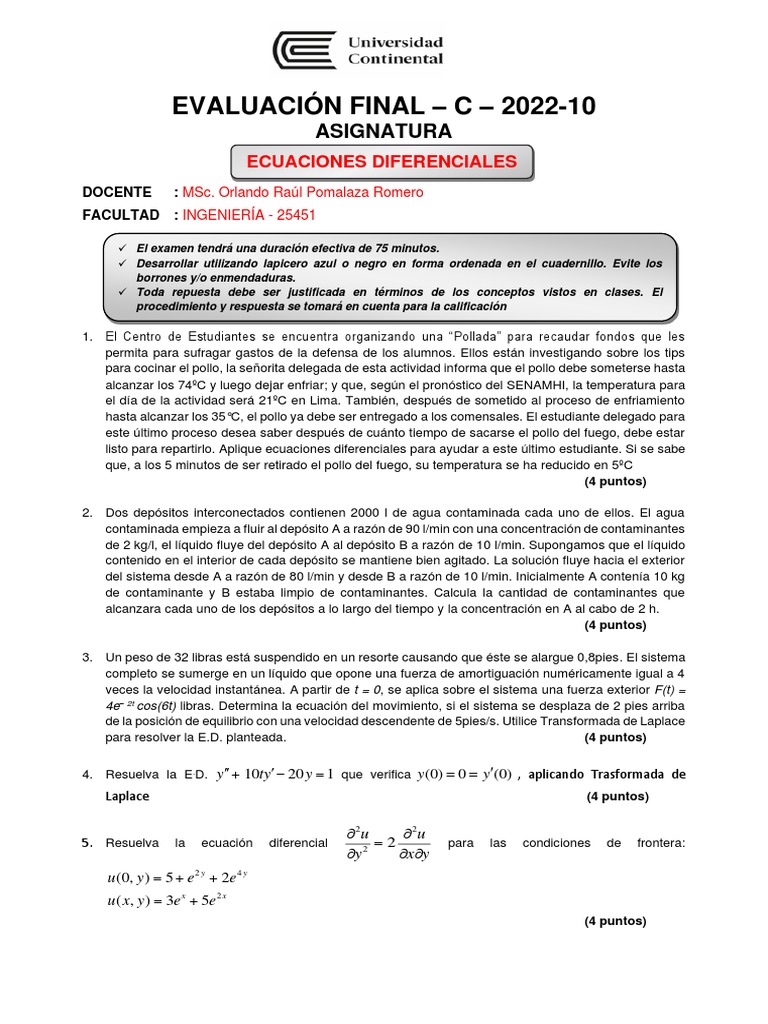 Final C Ecuac. Dif. (2022 - 10) | PDF | Ecuaciones | Física Aplicada e Interdisciplinaria