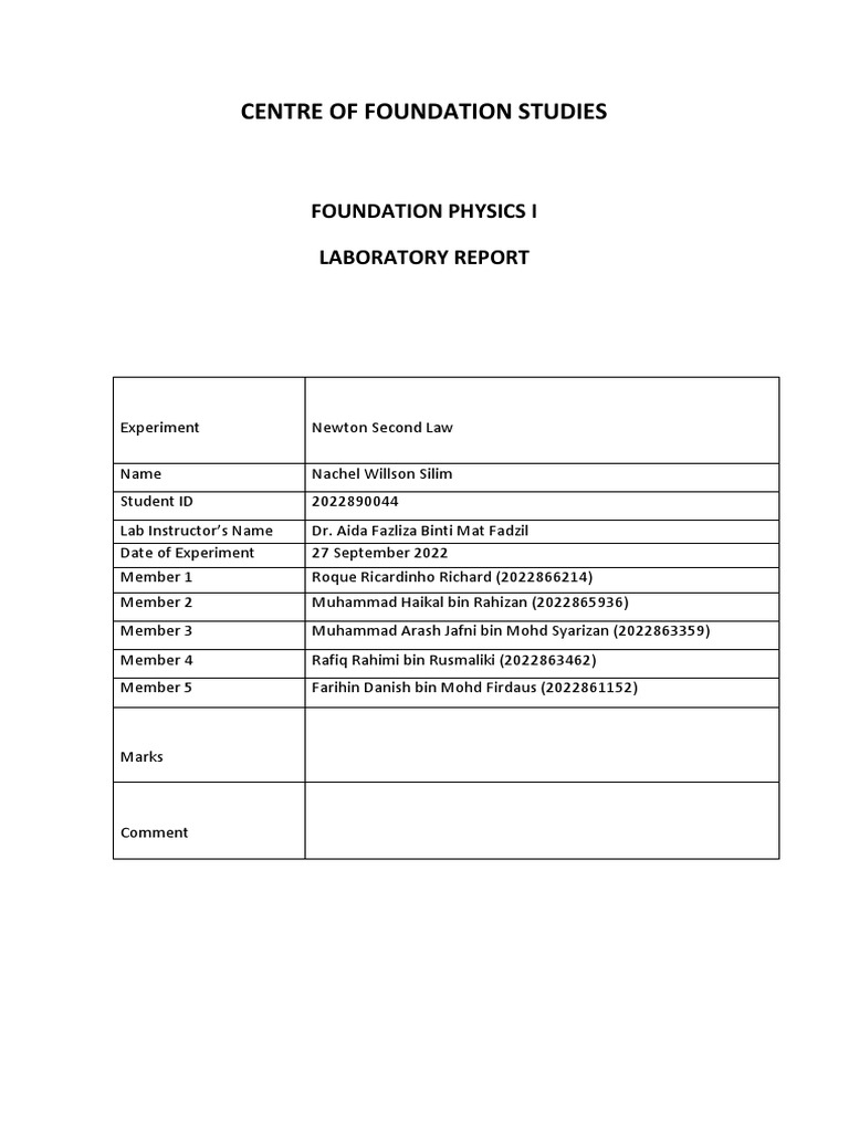 Lab Report Group 1 (Experiment Newton Second Law) | PDF | Force | Mass