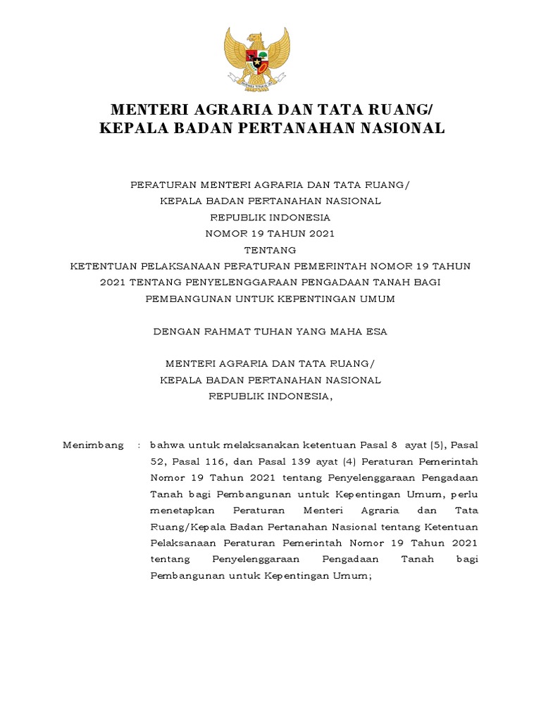 Peraturan Menteri ATR KBPN No 19 Tahun 2021 Yang Membahas Tentang ...
