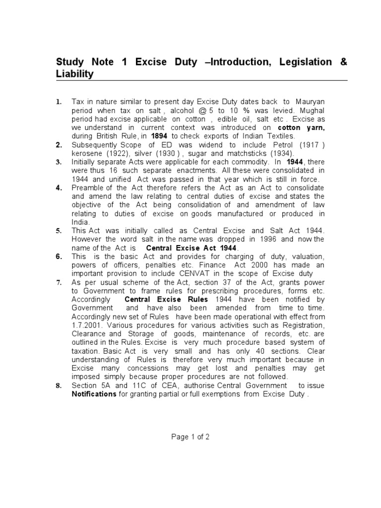 Excise Note 1 | PDF | Excise | Taxation