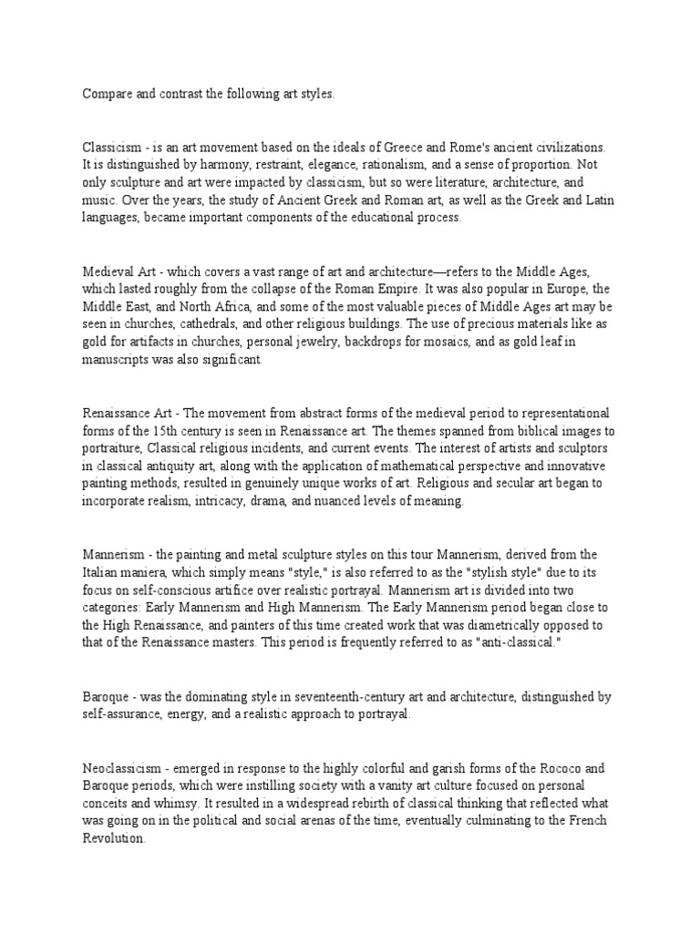 Compare Classical, Medieval, Renaissance, Mannerist, Baroque, and ...