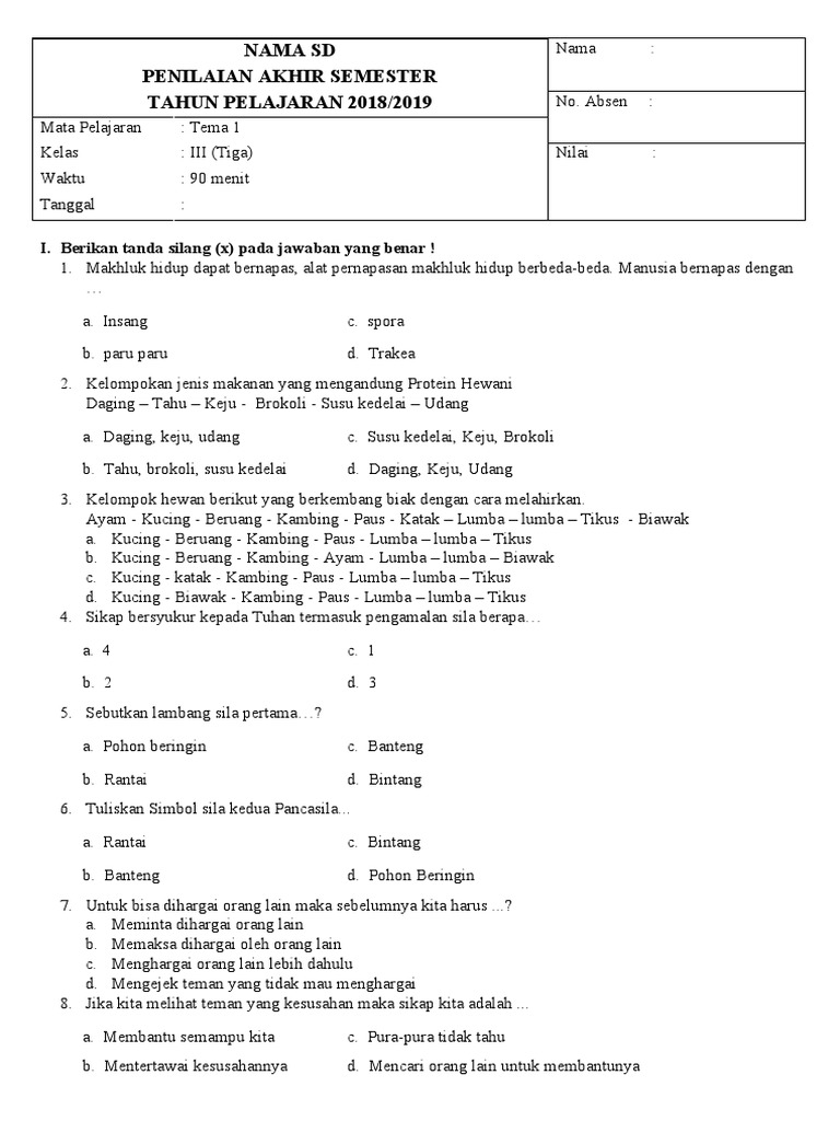 Soal Pas Kelas 3 Tema 1 | PDF