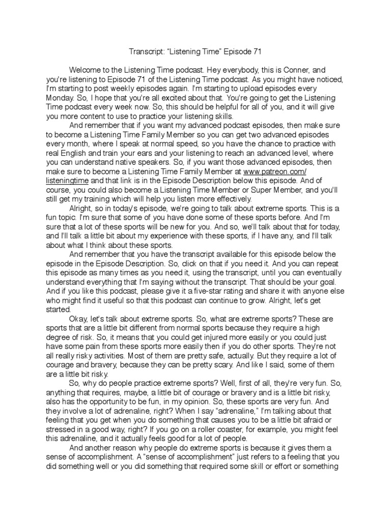 Episode 71 Transcript - Listening Time | PDF | Parachuting | Outdoor ...