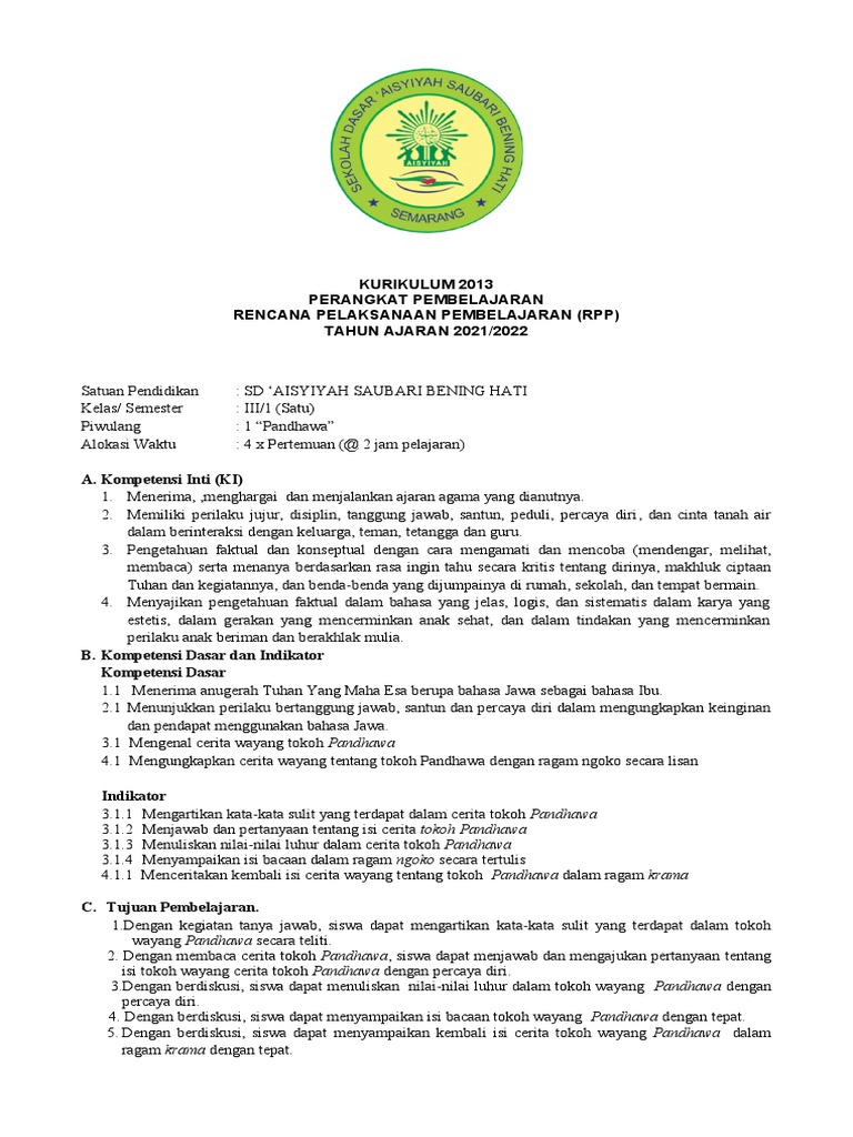RPP Bahasa Jawa K 13 Kelas 3 Semester 1 | PDF | Karier & Perkembangan
