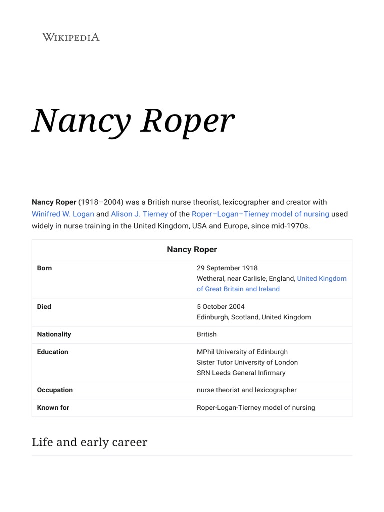Nancy Roper: British Nurse Theorist Who Developed the Widely Used Roper ...