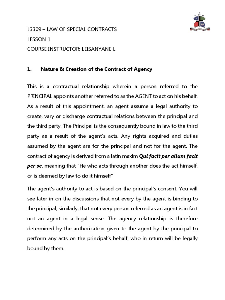 L3309 - Lesson 1 - Nature of Agency Relationship | PDF | Law Of Agency | Partnership