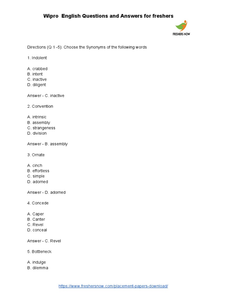 Wipro English Language Questions and Answers | PDF | Language Arts ...