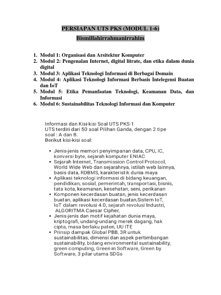 Persiapan UTS PKS: Modul dan Quiz Teknologi | PDF