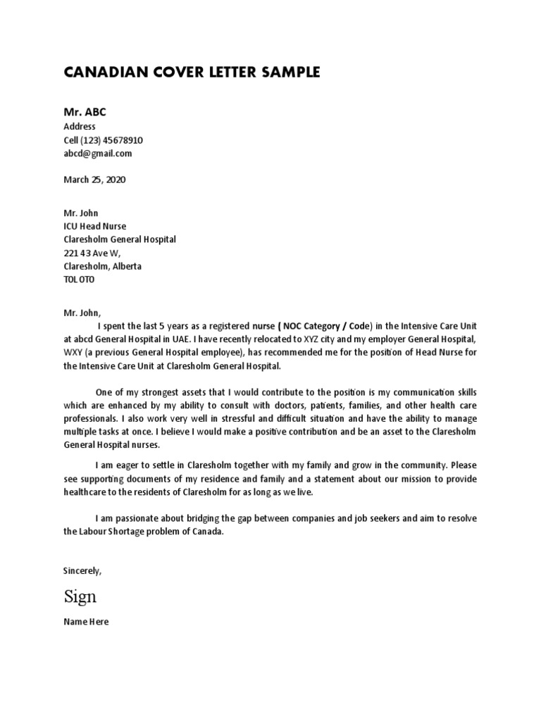 Canadian Cover Letter Sample | PDF | Social Science | Wellness