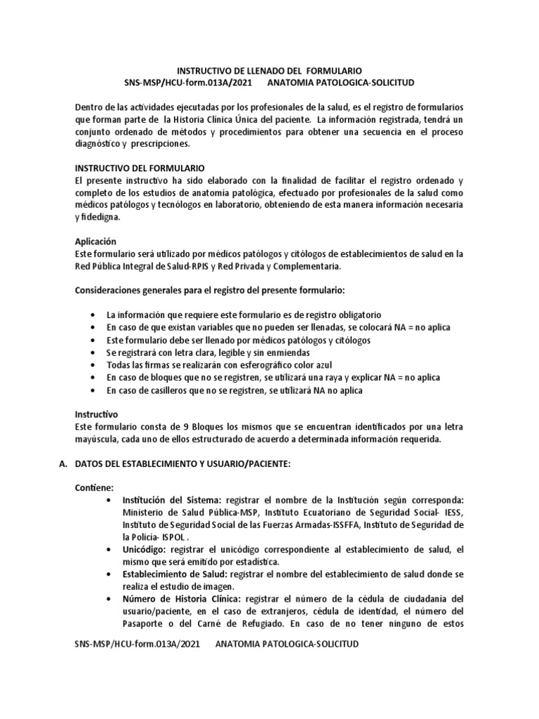 013a Anatomía Patológica-Solicitud 2021 Instructivo | PDF | Control de ...