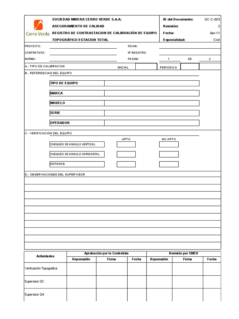 QC-C-003 - Reg de Constratación Calibr Equi Topografico - V2 | PDF