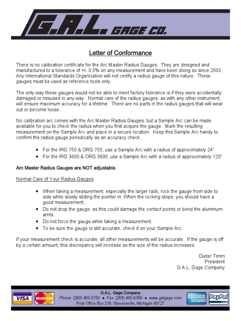 Radius Gauges Letter of Conformance | PDF | Calibration | Science