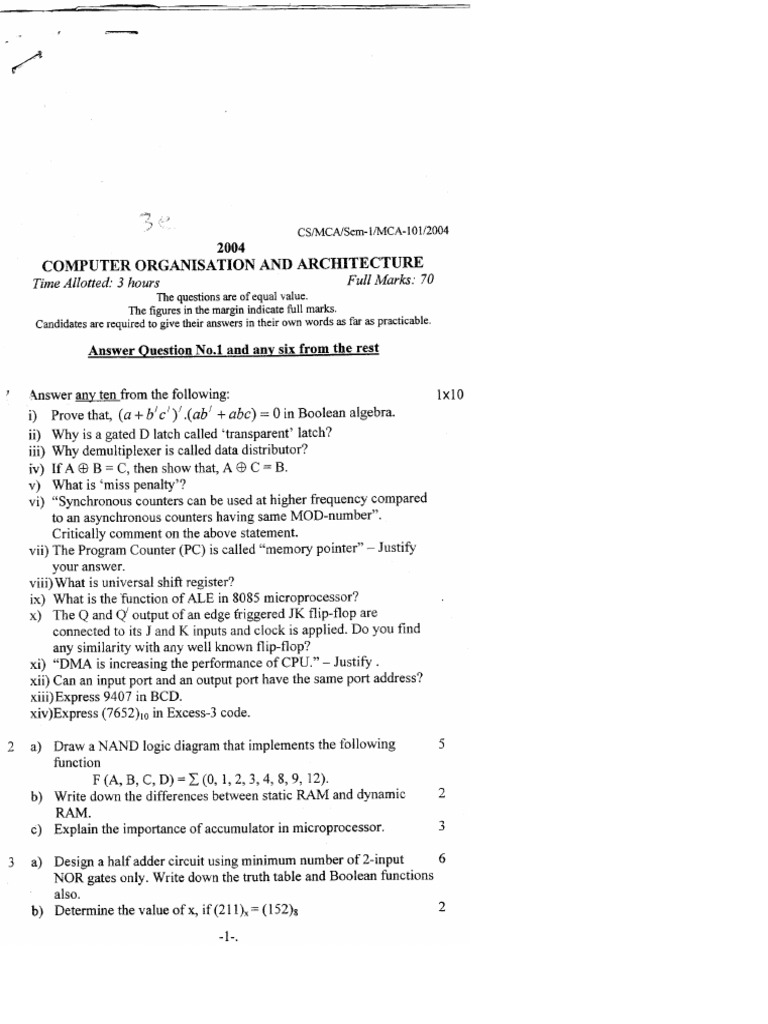 Mca 101 Computer Organization and Architecture 2004 | PDF