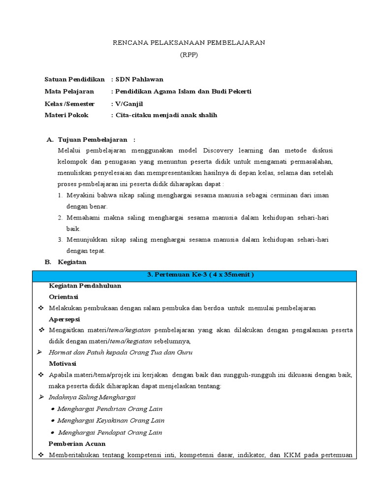 RPP Pai Kelas 5 Bab 3 (Sikap Saling Menghargai) | PDF