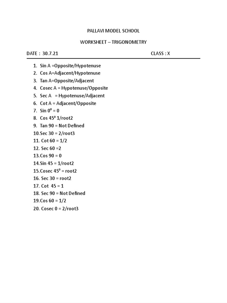 Worksheet - Trigonometry | PDF
