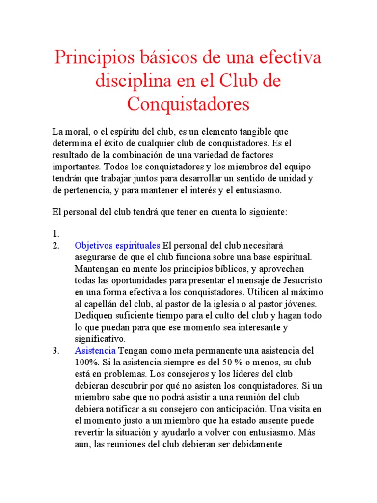 Principios Básicos de Una Efectiva Disciplina en El Club de Conquistadores | PDF | Disciplinas ...
