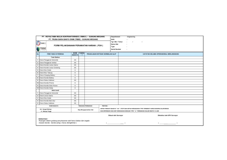 Form P2H Alat Berat untuk Surveyor | PDF