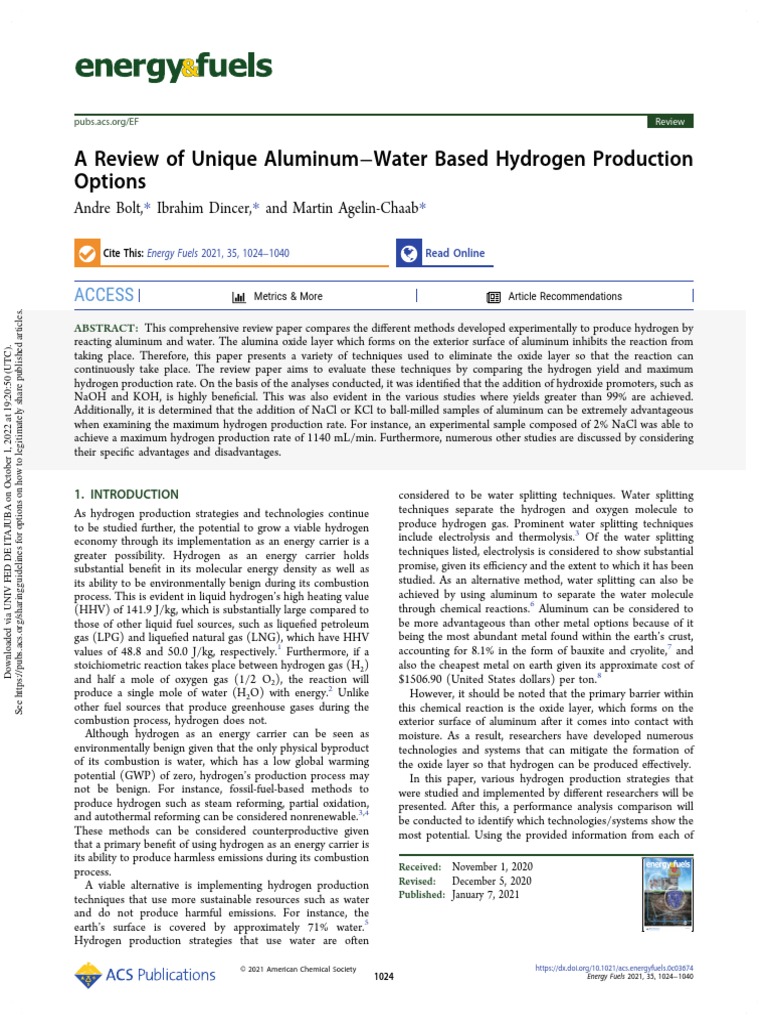2021 A Review of Unique Aluminum Water Based Hydrogen Production | PDF ...
