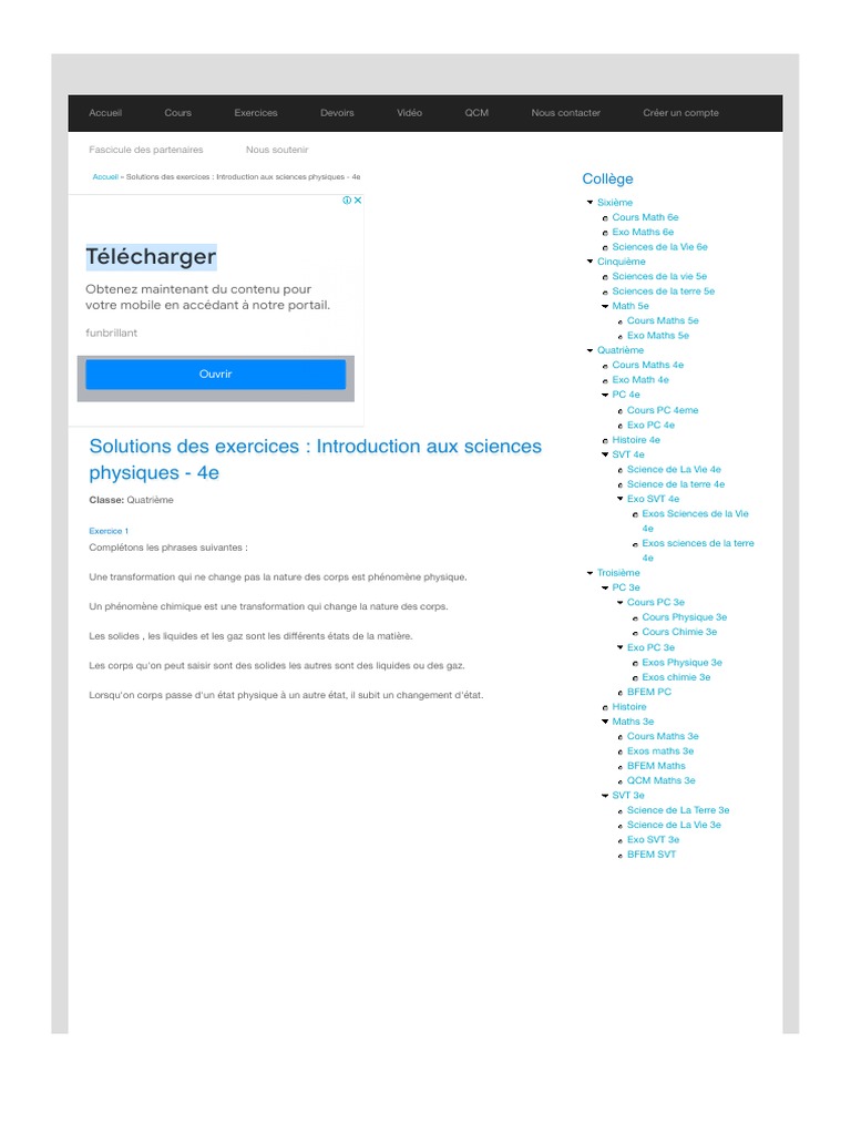 Solutions Des Exercices - Introduction Aux Sciences Physiques - 4e ...