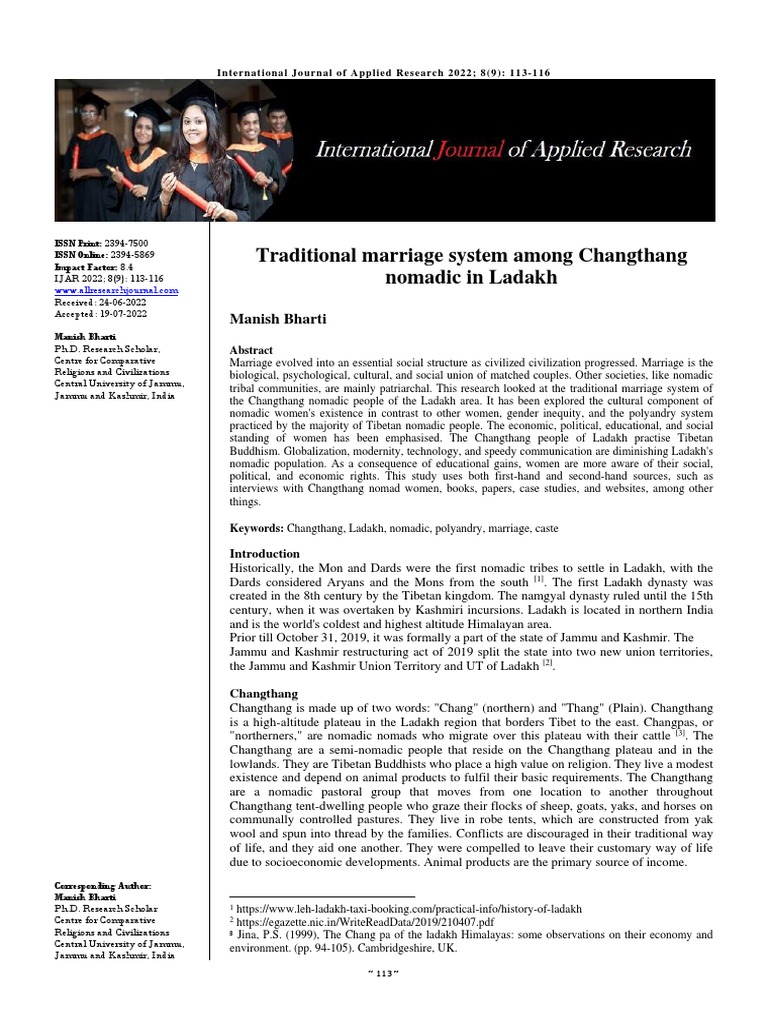 Traditional Marriage System Among Changthang Nomadic in Ladakh | PDF | Marriage | Family