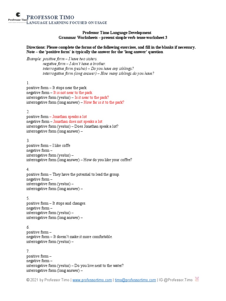 Grammar Worksheet - Present Simple Tense Version 3 | PDF | Career & Growth