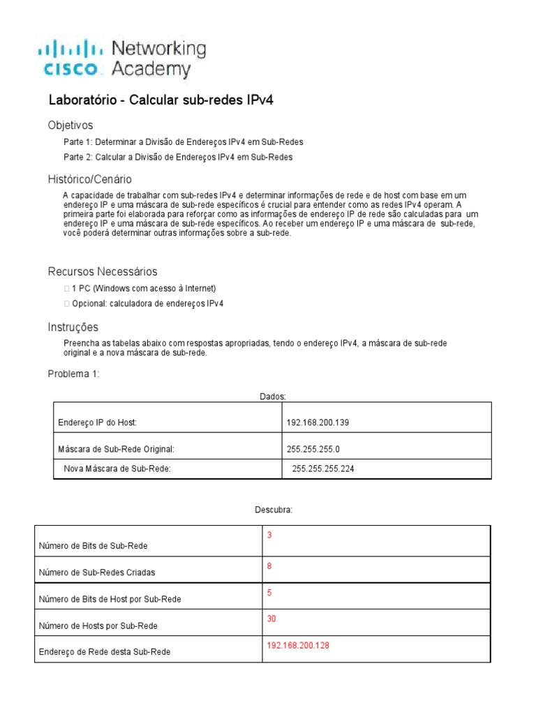 11.6.6 Lab - Calculate Ipv4 Subnets - PT BR | PDF | Endereço de IP ... 11.6.6 Lab - Calculate Ipv4 Subnets - PT BR | PDF | Endereço de IP ...