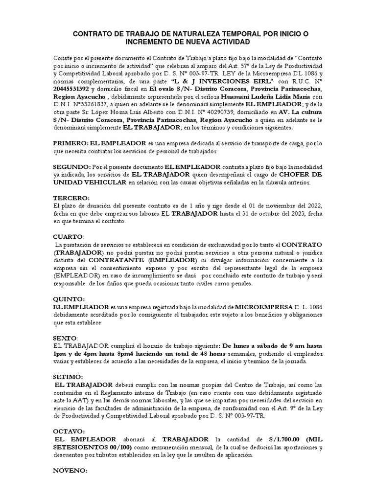 CONTRATO DE TRABAJO POR INICIO DE NUEVA ACTIVIDAD Nuevo | PDF | Derecho laboral | Justicia
