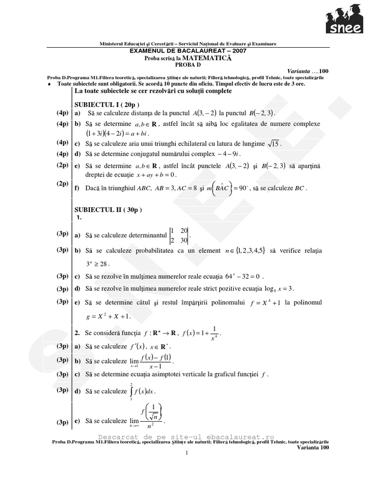 Varianta 100 Matematica M1 2 Bacalaureat 2007 Subiecte Si Rezolvari | PDF