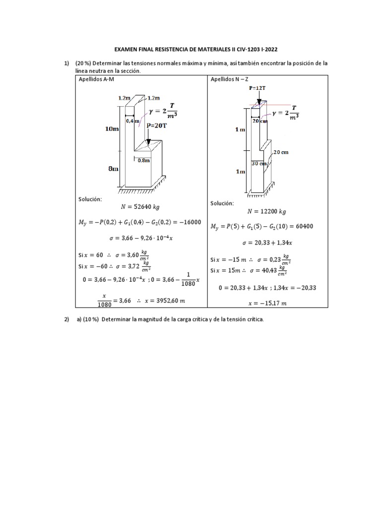 Examen Final Resistencia de Materiales II Gestion I-2022 | PDF | Física ...